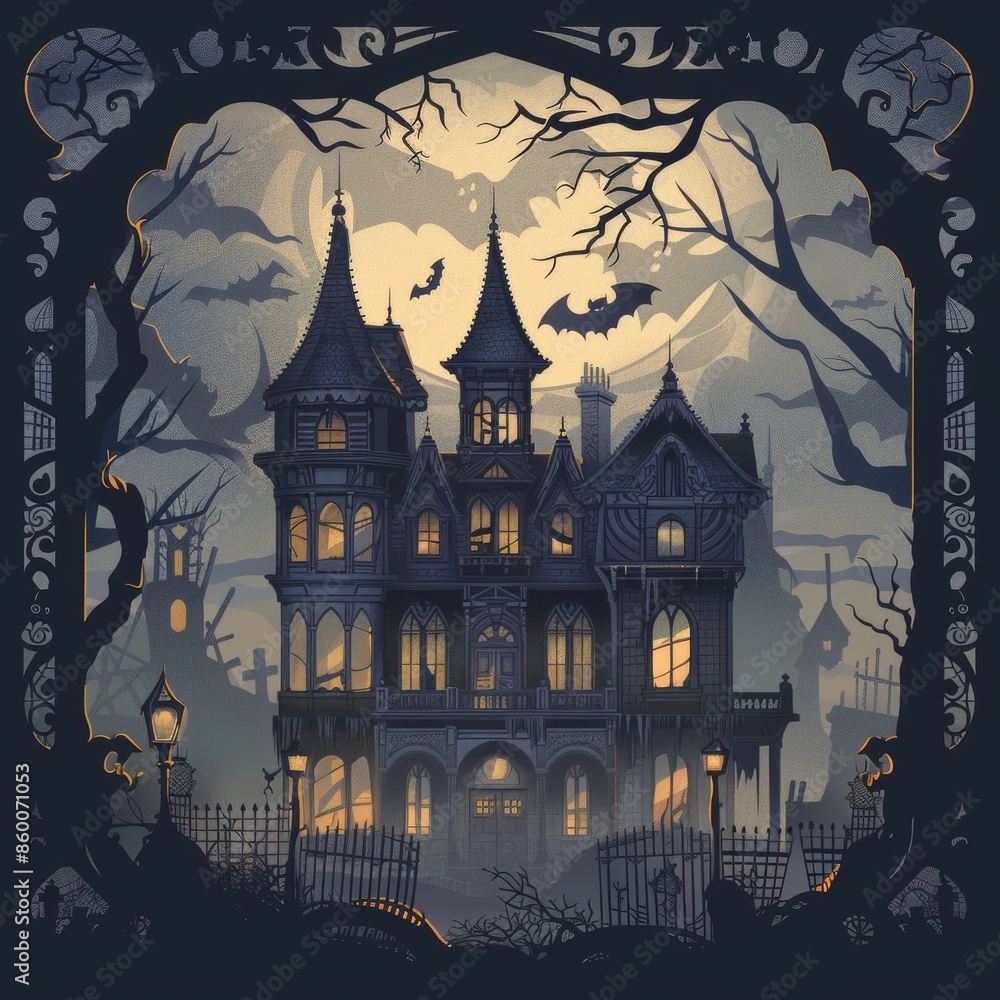 Haunted Mansion Border with Gothic Architecture and Spooky Details Stock Illustration | Adobe Stock