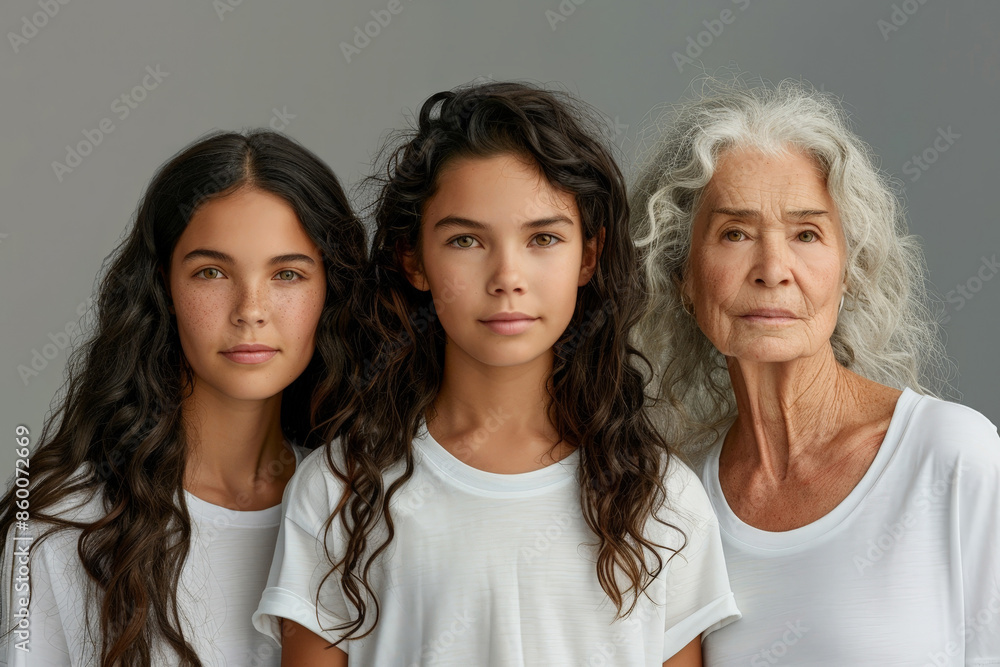 A portrait of three generations of women with similar features, wearing ...