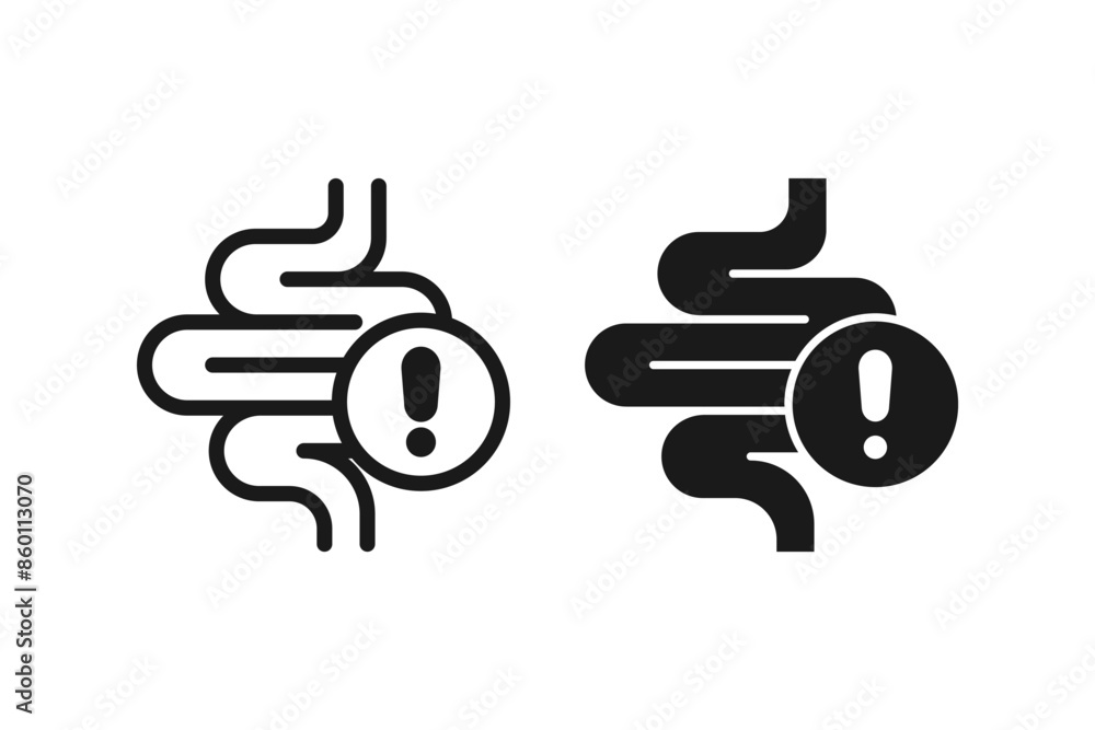 Intestine with exclamation mark icon set. Irritable bowel syndrome ...
