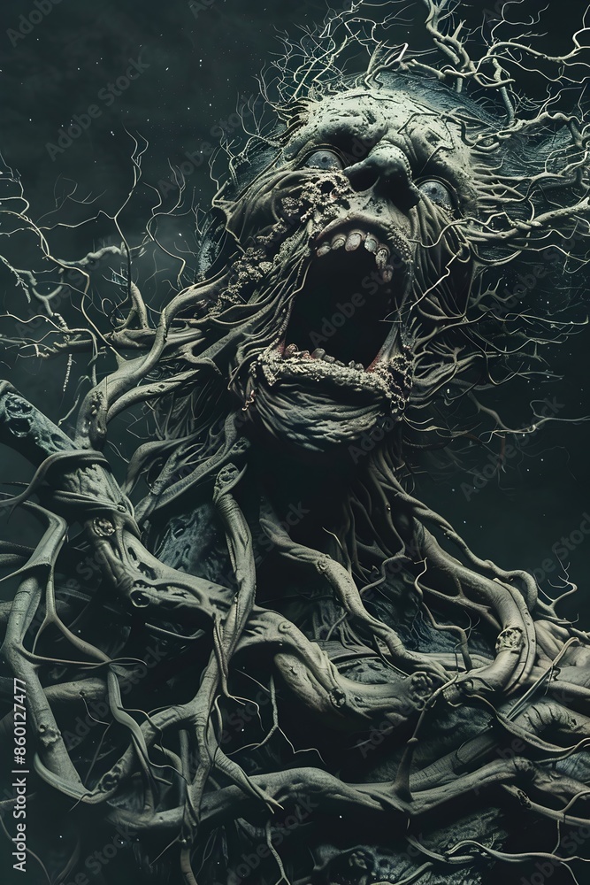 Horrifying Undead Zombie Roaring from Tangled Vines in Minimalist ...