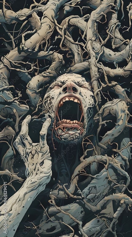 Unsettling Japanese Horror Movie Poster of Roaring Undead Zombie Rising ...