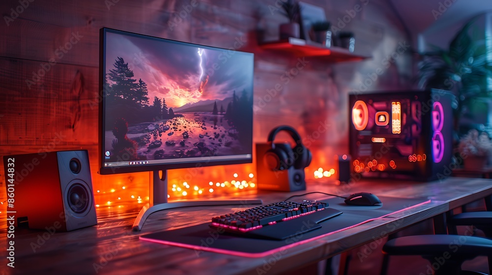 A realistic photo of an immersive gaming station with neon purple and ...