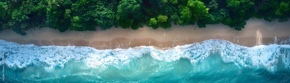 Beautiful beach with blue sea and waves on the sand as seen from above ...