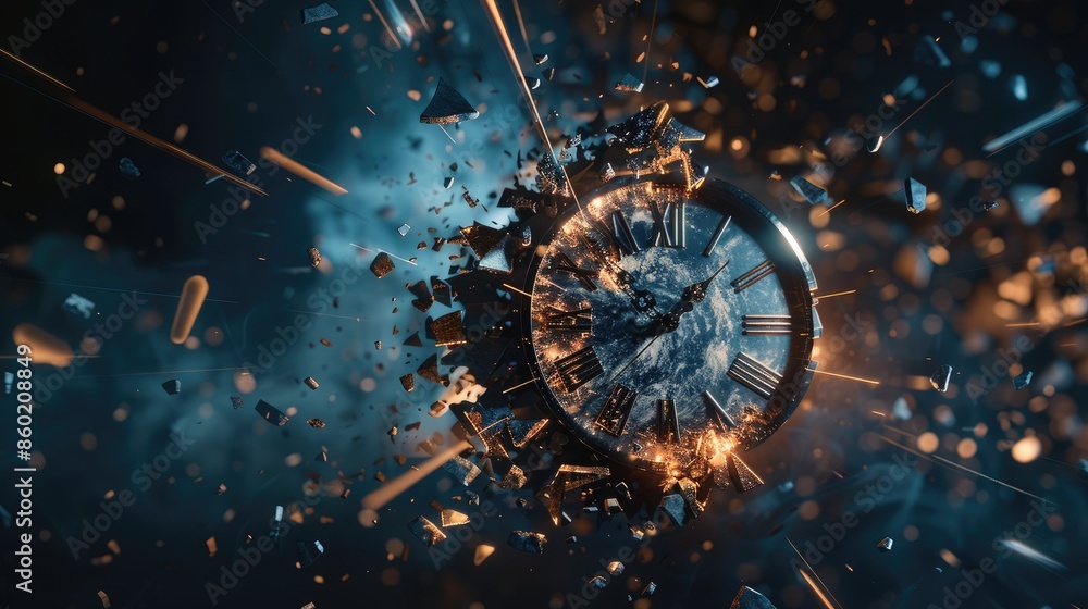 Time travel concept with a digital clock face breaking apart into fragments representing ...