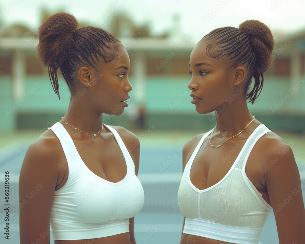 Identical Twin Sisters Playing Tennis on Outdoor Court in White ...