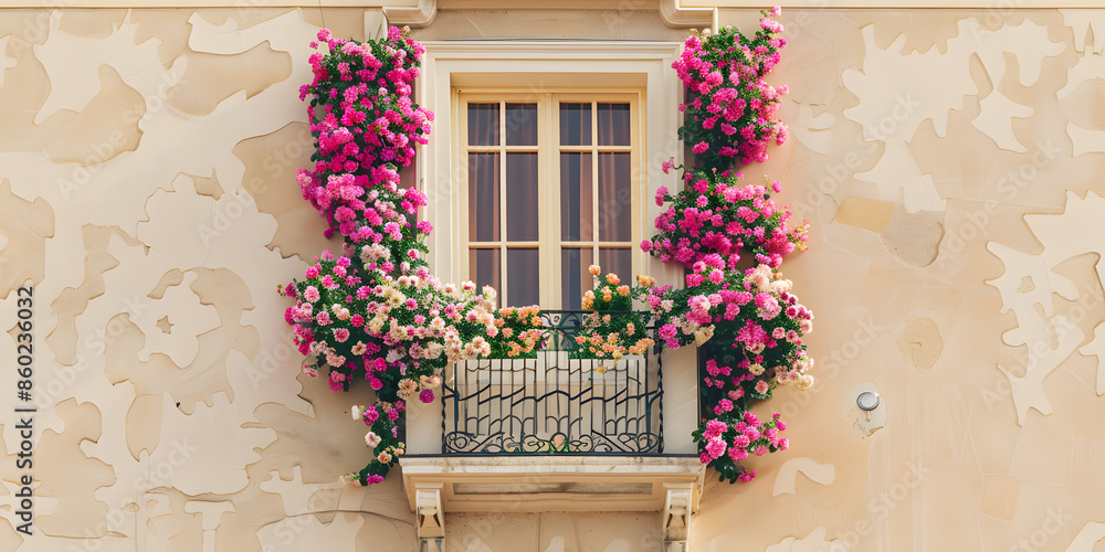 Balcony of an old palace with arched window doors and flowering plants ...