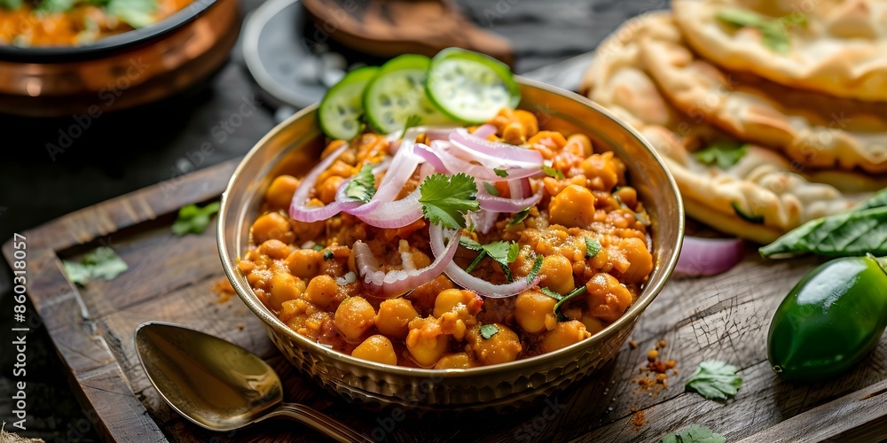 Spicy Chickpea Curry with Crispy Breaded Pickles and Onions. Concept ...