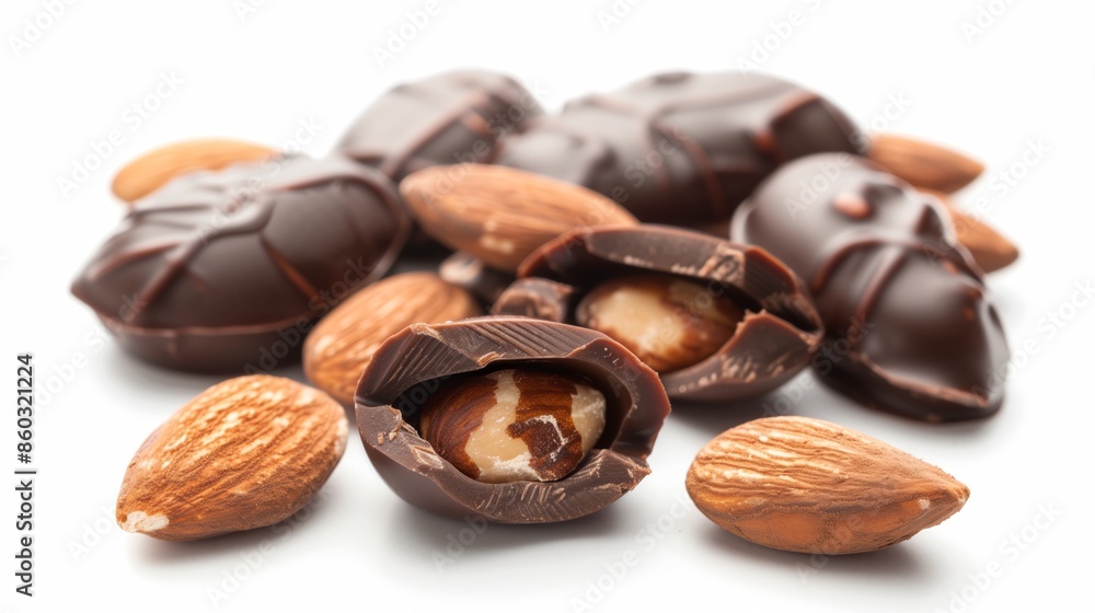 cracked chocolate-coated almond, with half of it showing the almond ...