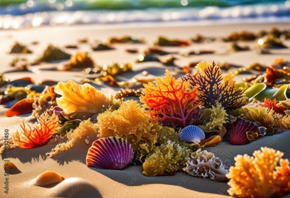 seaweed shells washed ashore natural coastal elements displayed sand ...