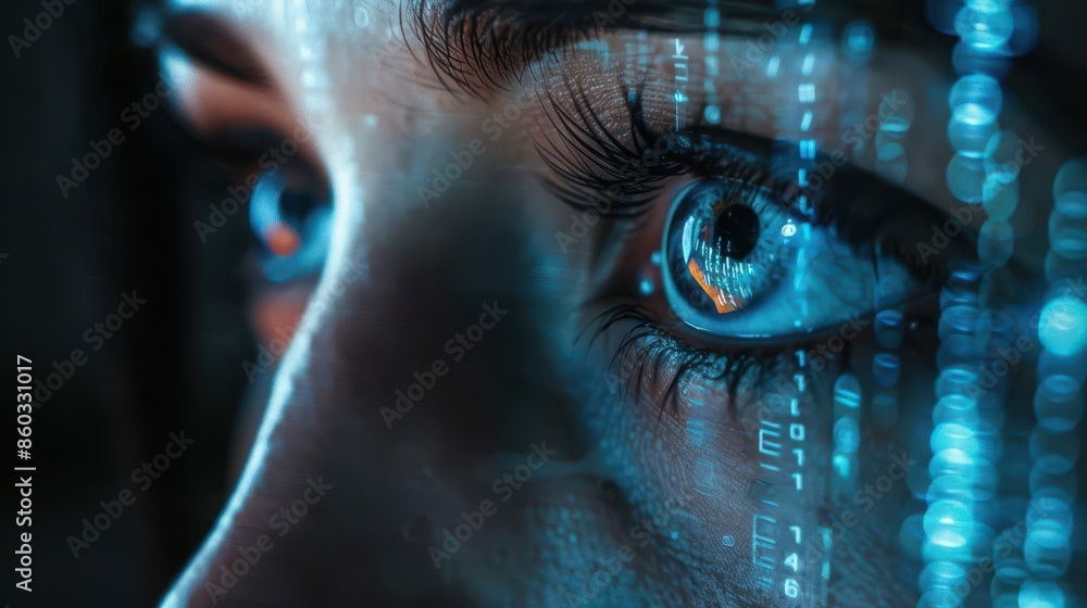 mysterious hackers eyes reflected in computer screen futuristic cyber ...