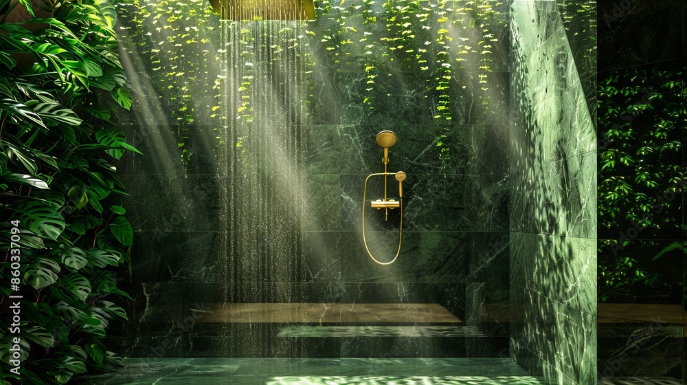 the modern and luxury bathroom design with a shiny gold-colored rain ...