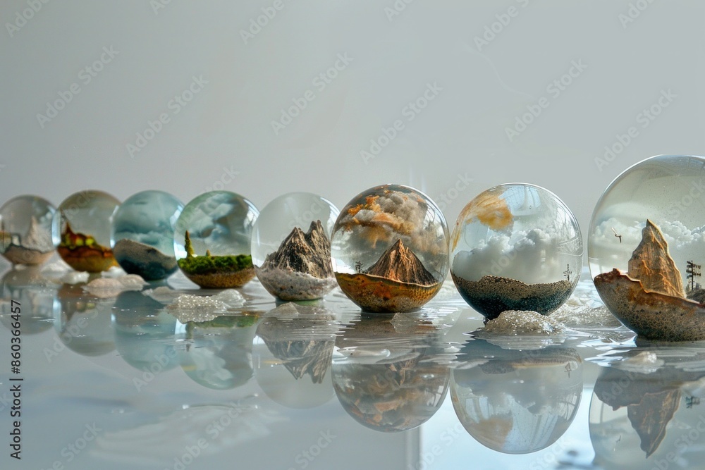 Transparent glass orbs floating above a reflective surface, each ...