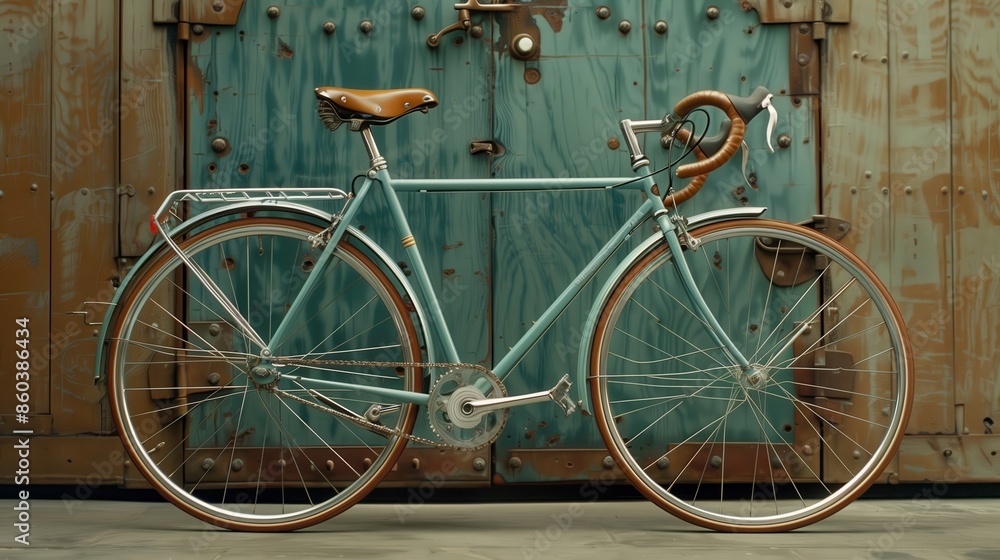 Vintage bicycle with leather seat and handlebars, parked against an old ...