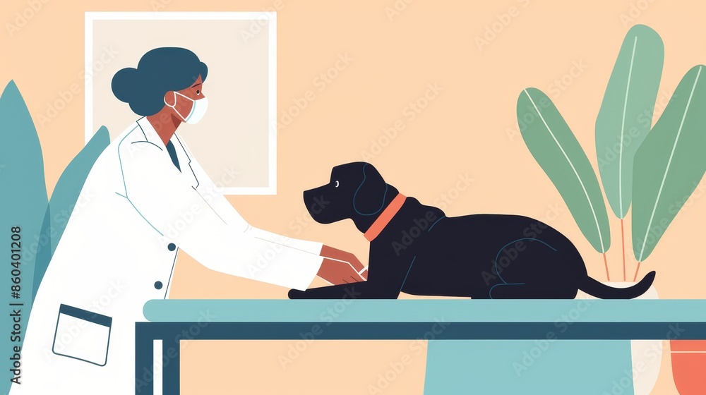 Illustration of a veterinarian treating a dog suspected of rabies, with ...