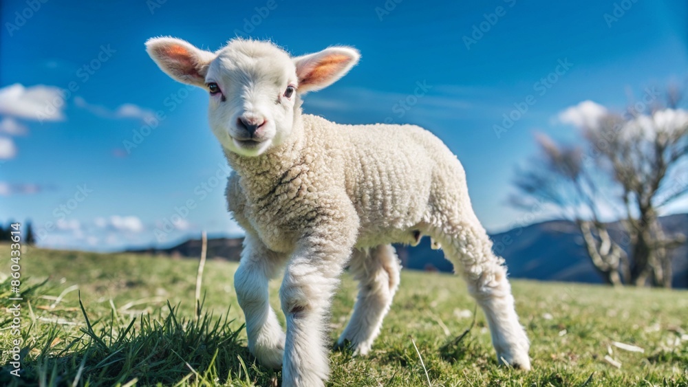 Generative ai. cute baby lamb, standing in lush green grass, bright ...