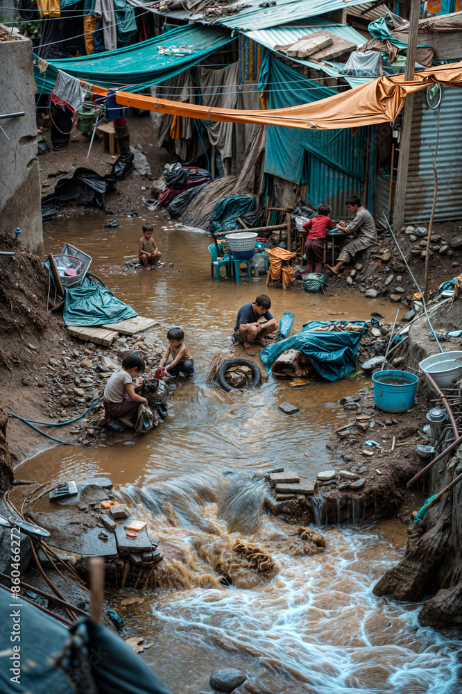 detailed photo of homeless family suffered from Flood, canon Eos r6 ...