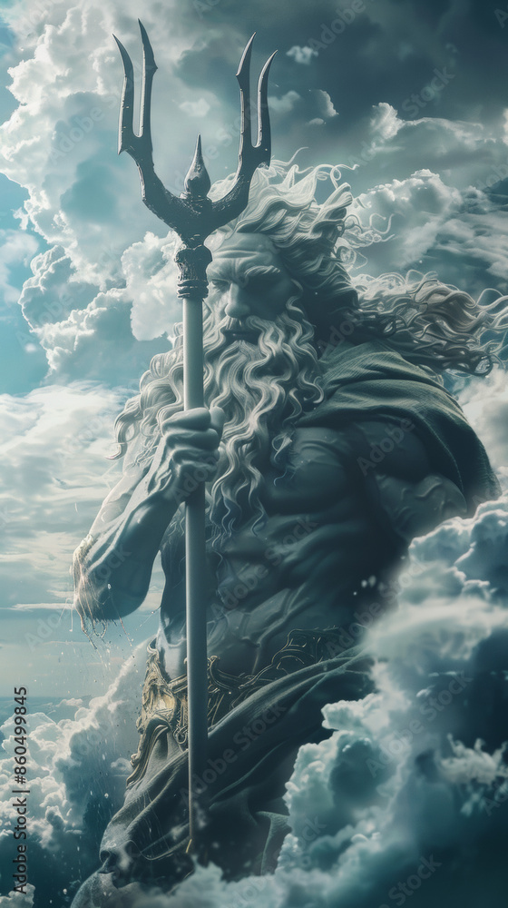 A hyper realistic image of Poseidon holding a trident. Background is ...