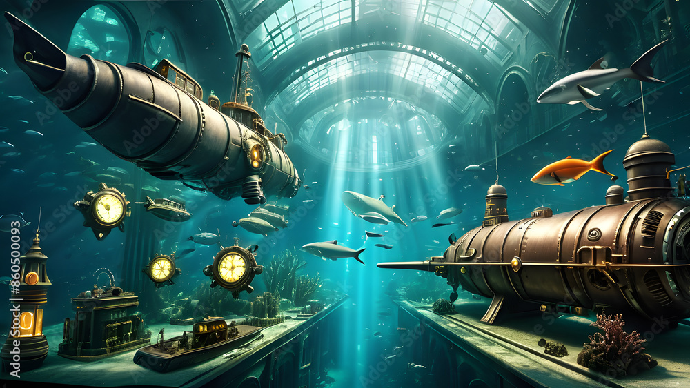 Submerged Steampunk Metropolis: Highly detailed underwater steampunk ...