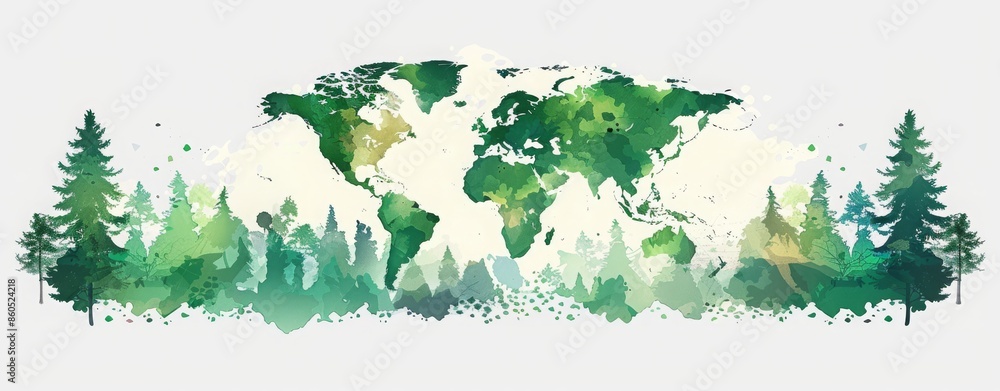 A watercolor world map surrounded by lush green trees, symbolizing ...