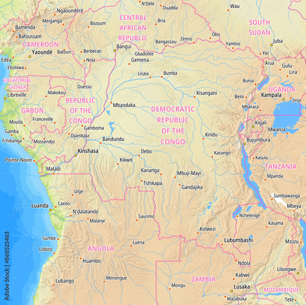 Map of the Democratic Republic of the Congo and surrounding countries ...