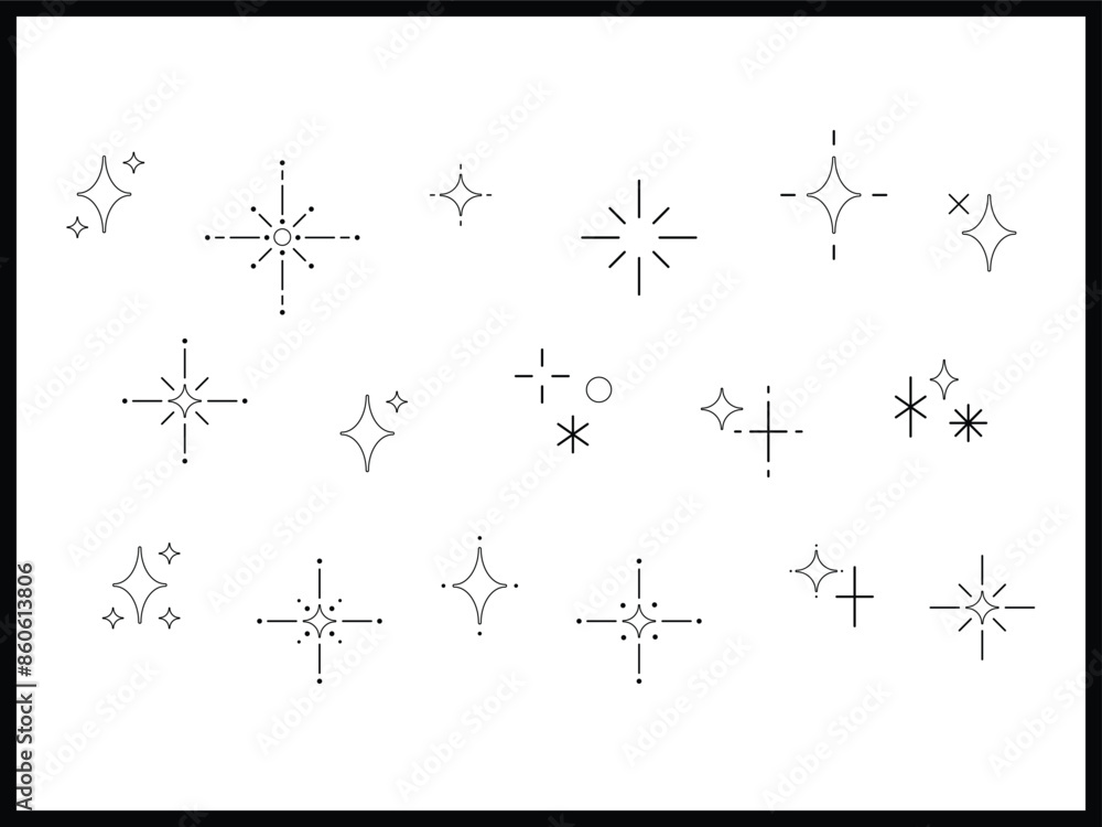 Cute flat simple minimal line illustration set of sparkle twinkle star icon elements in black ...