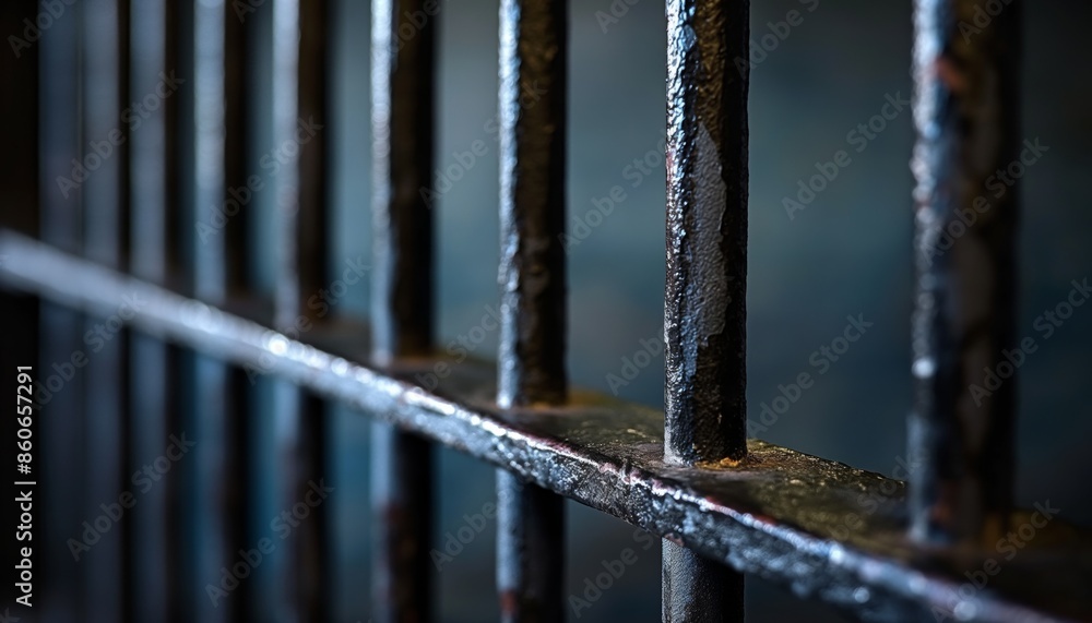 An image featuring old and rusty prison bars, taken under dim lighting ...