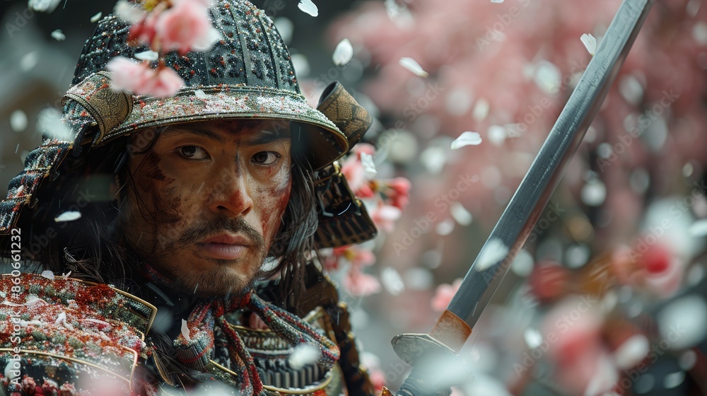 This evocative image portrays a samurai with a battle-worn face ...