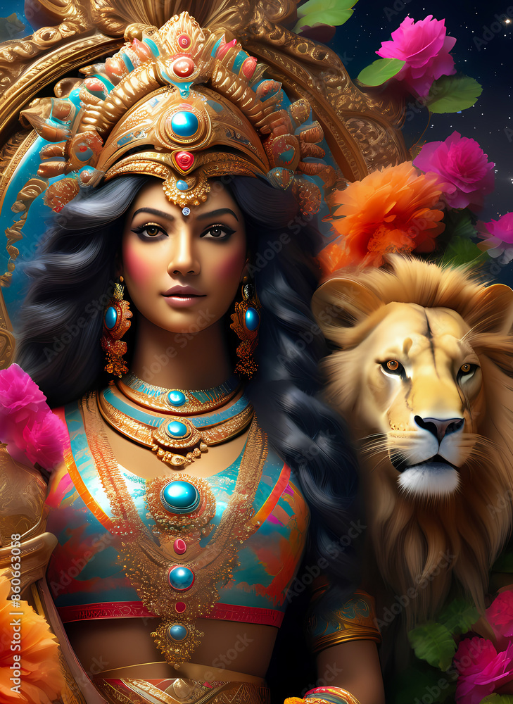 Indian deity at the temple, Goddess gently tames a cosmic lion with a ...