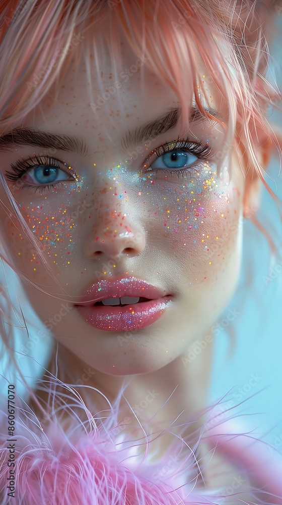 closeup woman pink hair face colored dots teen elf girl glittering ...