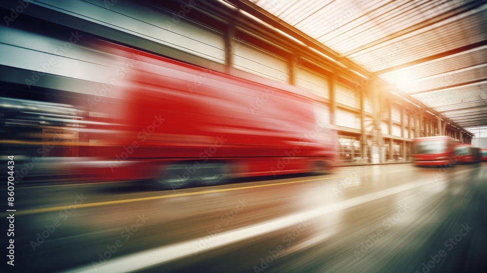 Blurred red delivery trucks moving fast through an industrial warehouse ...