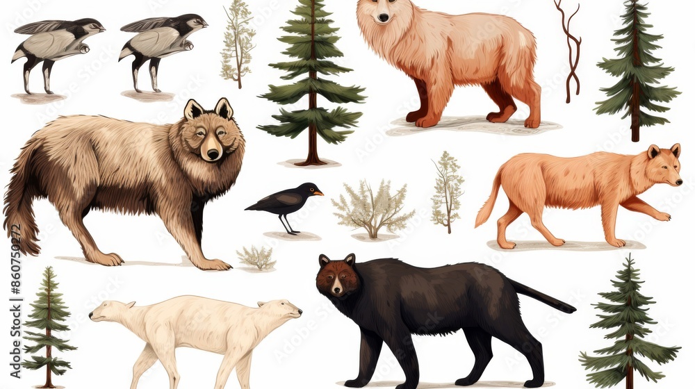 Featuring various wolves and crows, this illustration showcases a rich ...