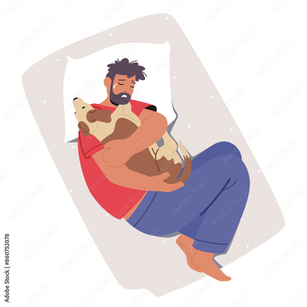 Sad Man Lying In Bed, Hugging His Dog For Comfort. Cartoon Vector Scene ...