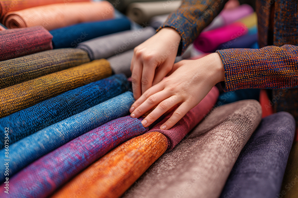 Ultra-realistic scene of a female customer’s hands touching and ...