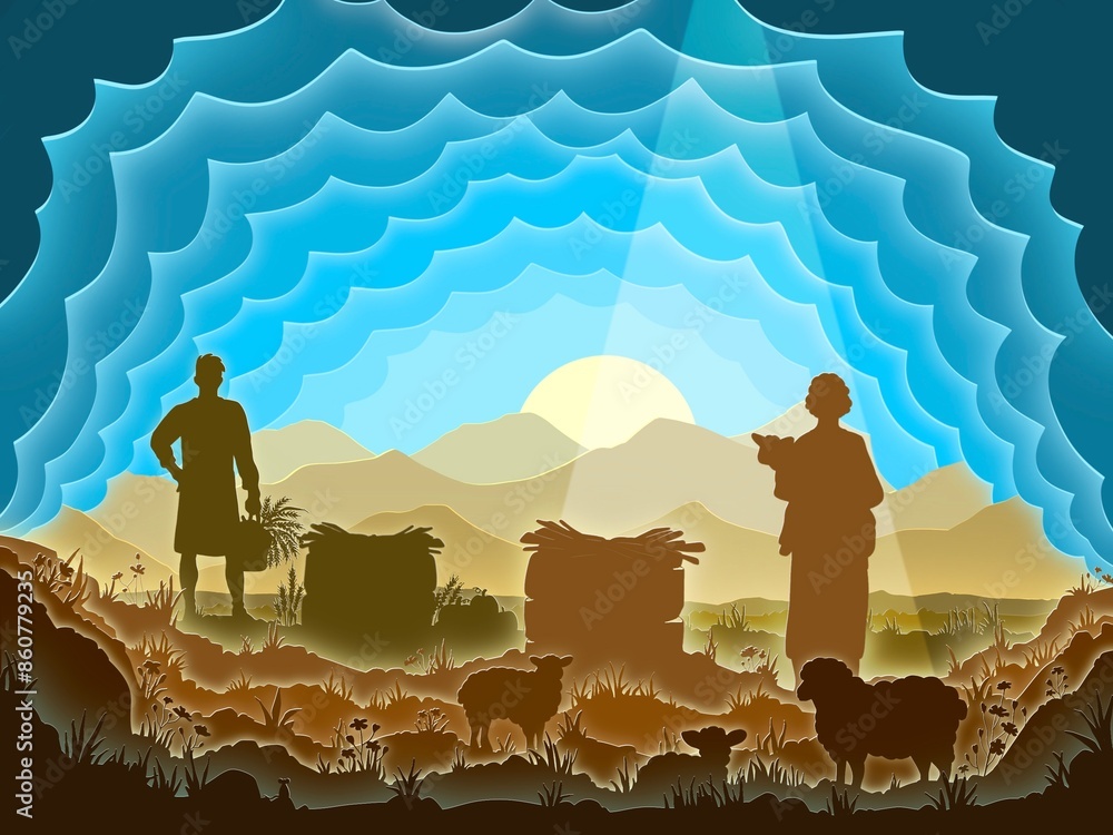 Cain and Abel, Bible story illustration. Paper art. Abstract ...