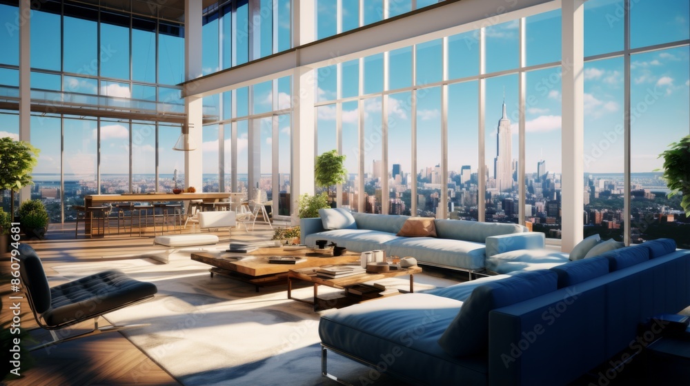 Spacious high-rise living room featuring modern furniture, expansive ...