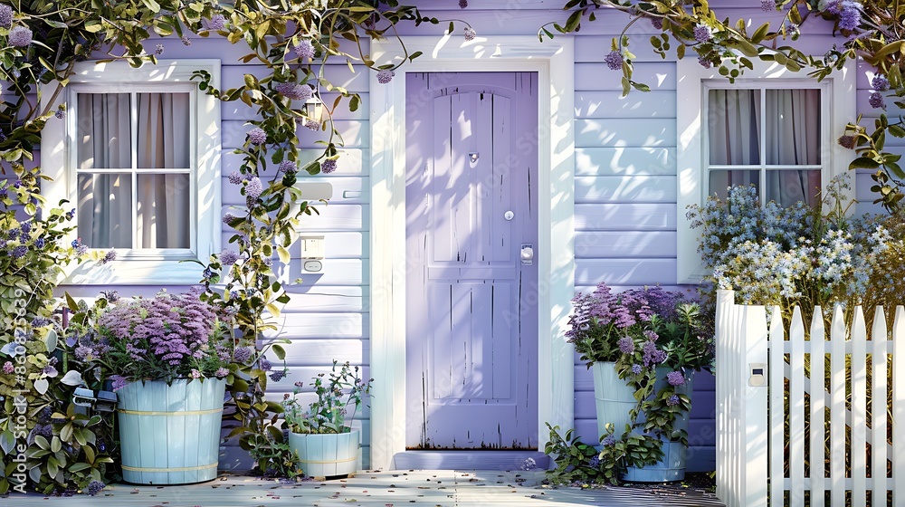 cottage-style entryway with a pastel purple door, surrounded by a white ...