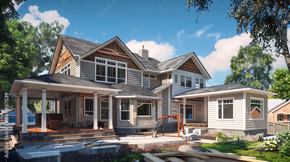 dynamic scene of a house with James Hardie siding undergoing renovation ...