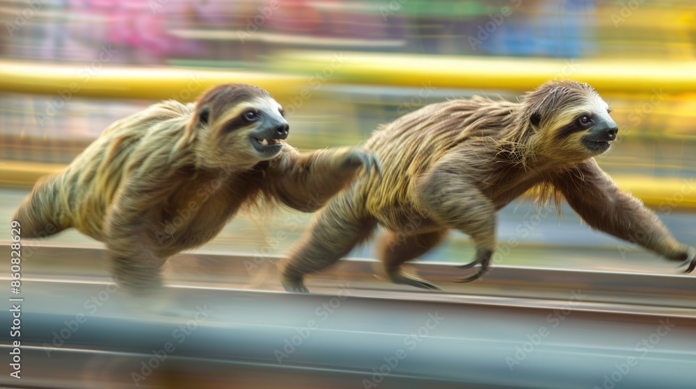 Humorous depiction of two sloths appearing to race with motion blur ...