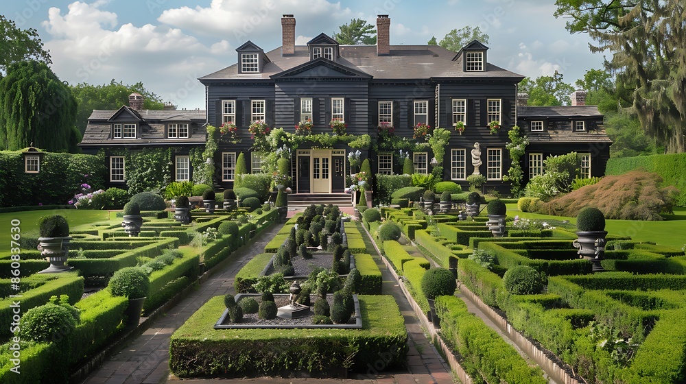 colonial manor with dark chocolate siding, surrounded by a formal ...