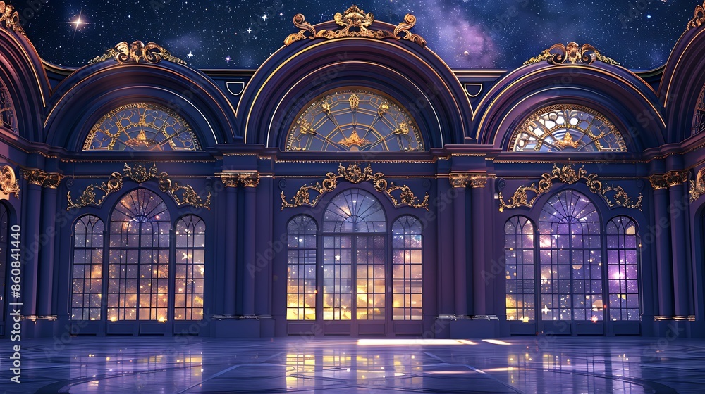 grand ballroom with a dark violet exterior, large arched windows, and ...