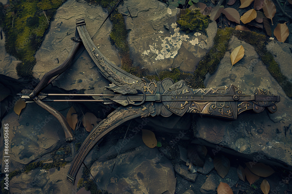 Medieval crossbow with carvings and loaded bolt, stone background, moss ...