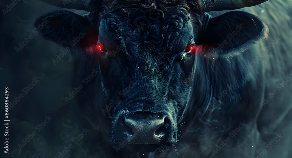 A fierce, dark blue bull with glowing red eyes stares intensely at the ...