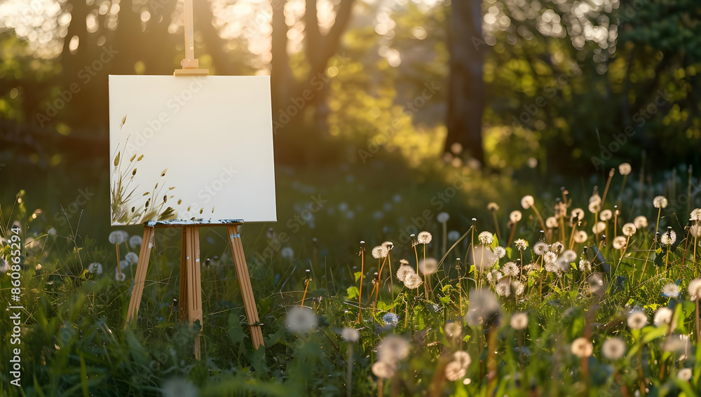 Blank canvas on easel in a field of dandelions and sunlight. Perfect ...