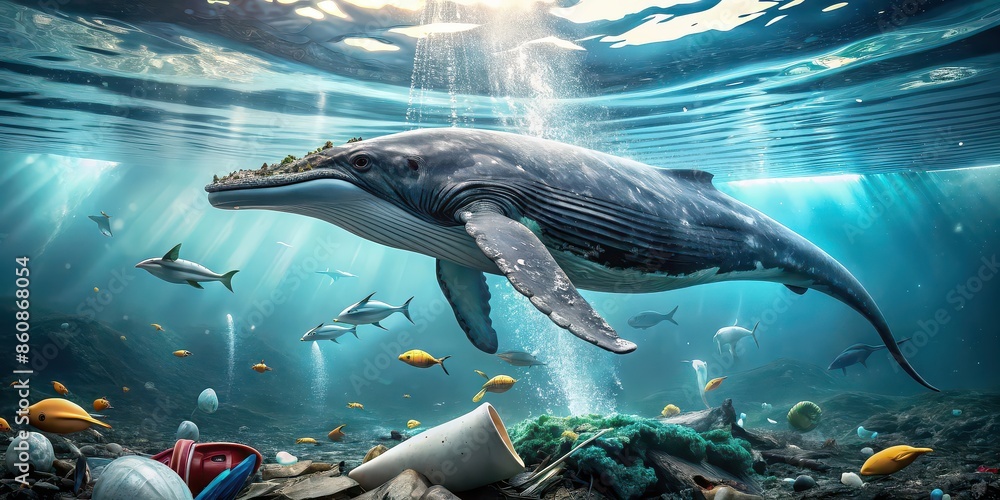 Whale swimming in polluted waters surrounded by plastic waste and ...