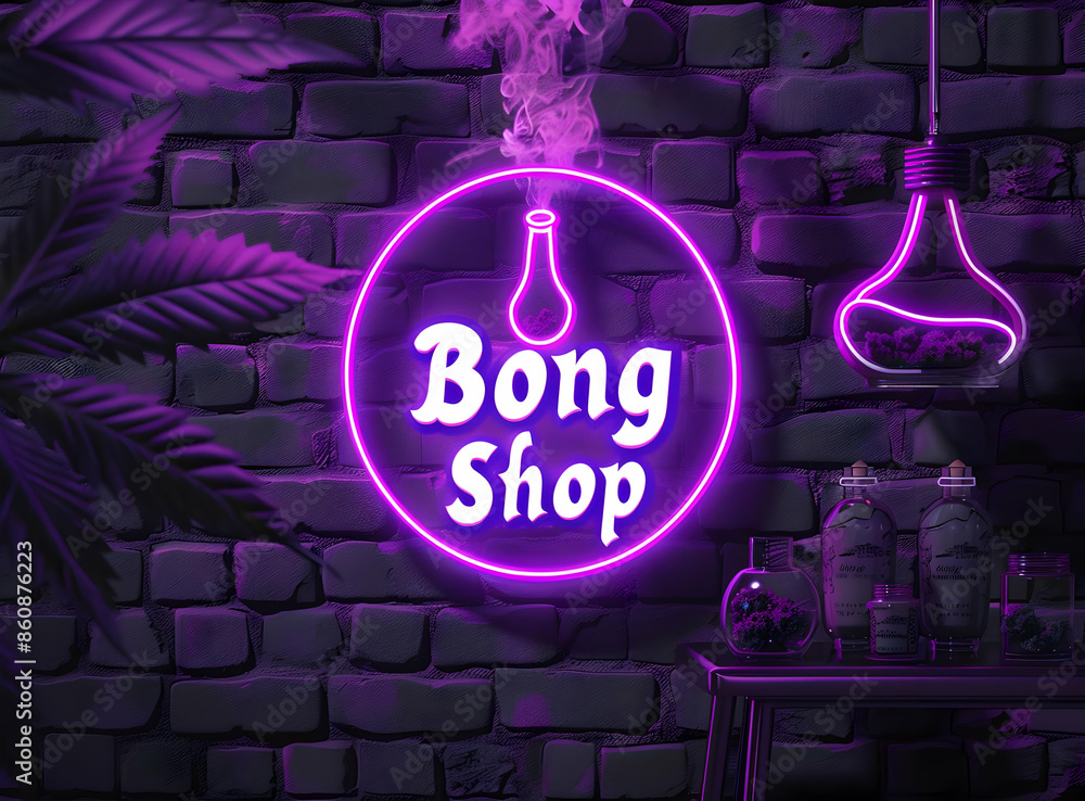 Neon sign with the words "Bong Shop" in a circle with a bong graphic on ...