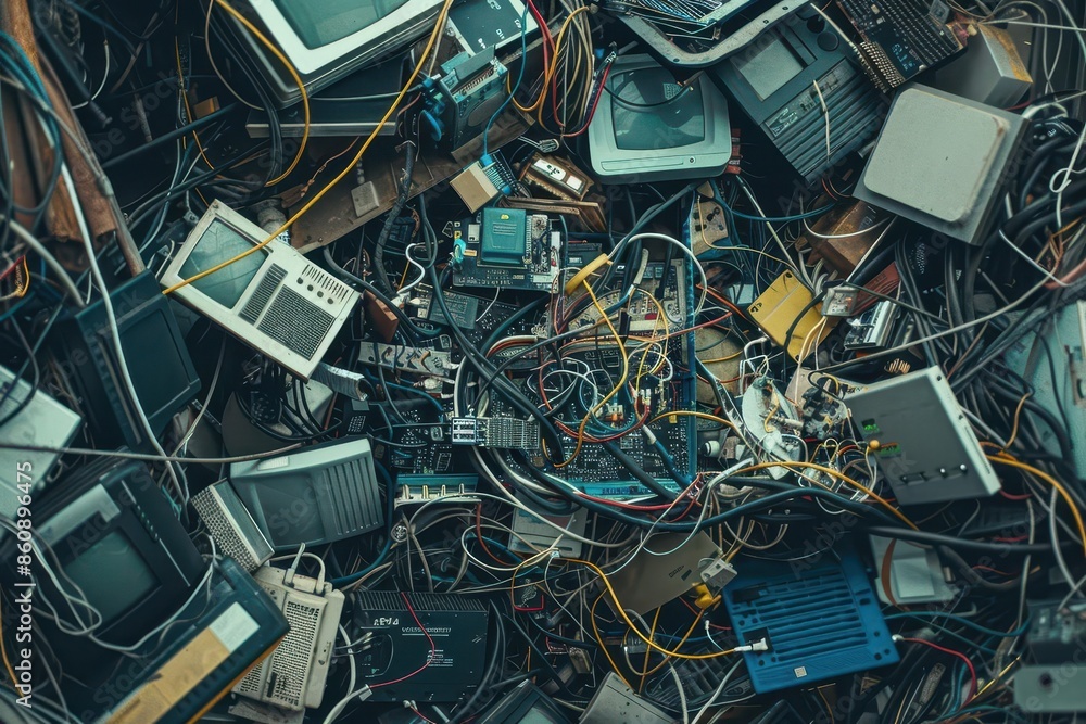 ewaste still life towering heap of discarded electronics tangled wires ...