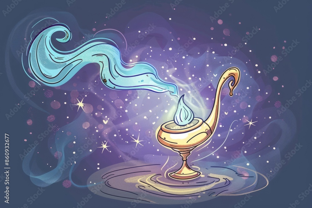 Cartoon cute doodles of a genie emerging from a magical lamp, ready to ...