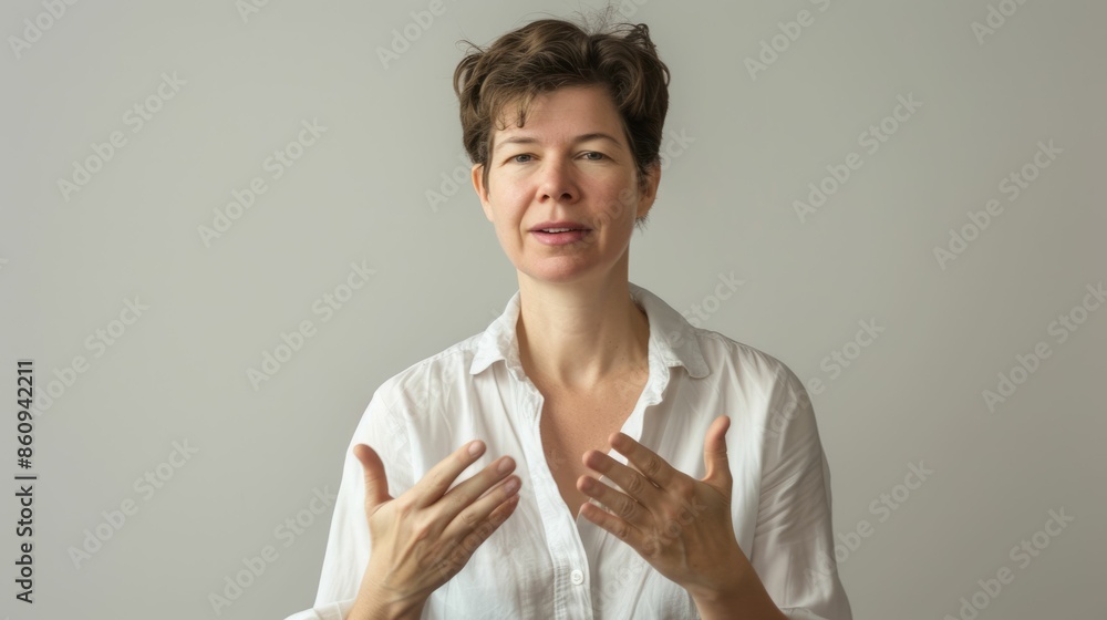 The picture of the interpreter is using the hand signal with the grey ...