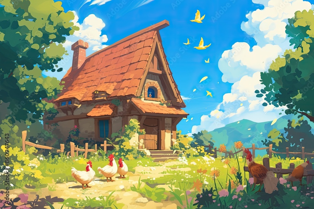 a charming thatched cottage nestled amidst a lush green field. The ...