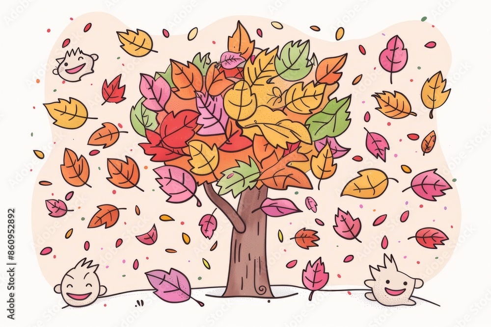 Cartoon cute doodles of enchanted feathers falling softly onto a ...